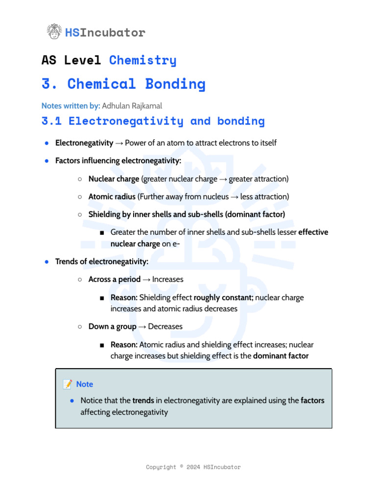 AS Level Chemistry Chapter 3 Chemical Bonding | PDF | Chemical Polarity ...