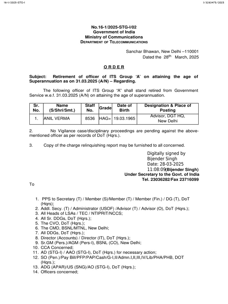 ITS Officer Retirement Order 2025 | PDF | New Delhi | Economy Of India