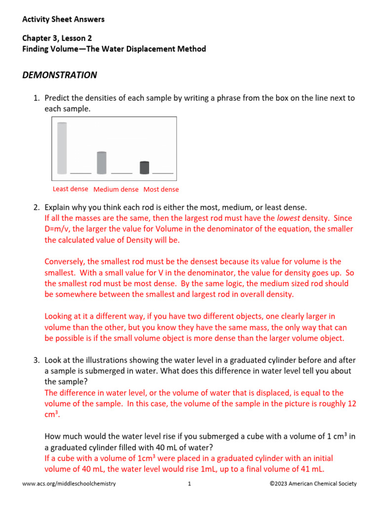 Ch3 l2 Activity Sheet Answers | PDF | Density | Volume