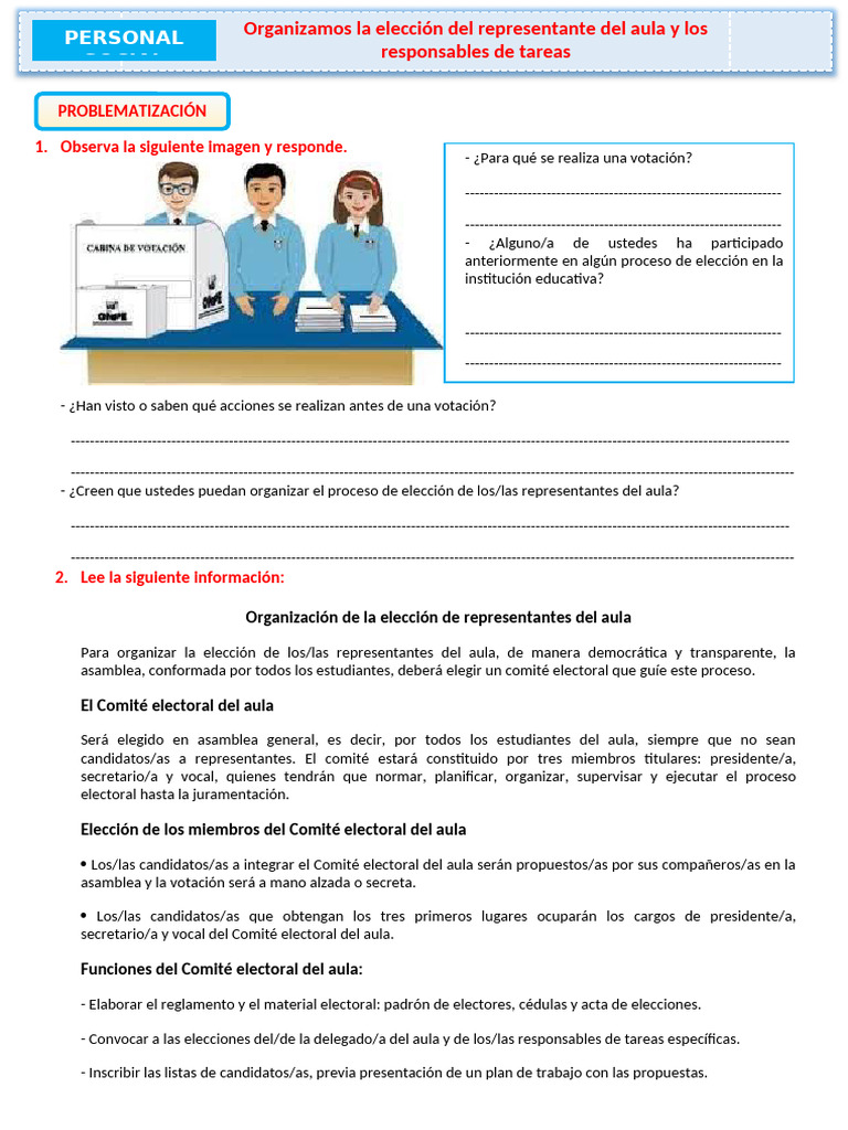 D1 A2 FICHA PS Organizamos La Elección Del Representante Del Aula y Los Responsables de Tareas ...