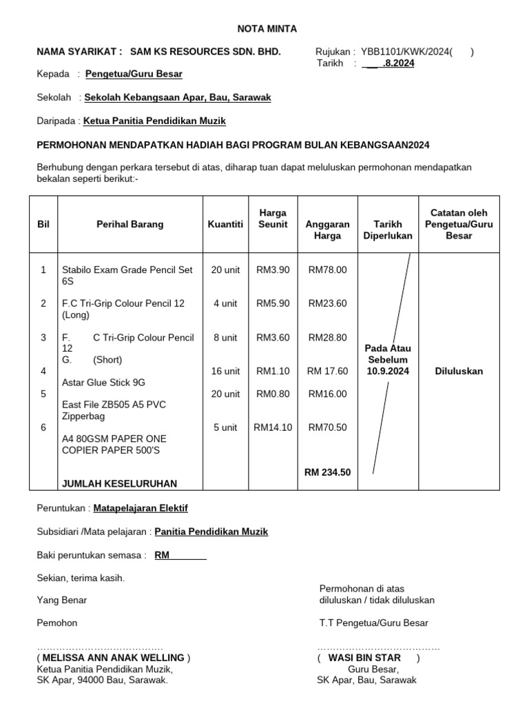 Nota Minta 2 - Panitia Pend Muzik 2024 | PDF