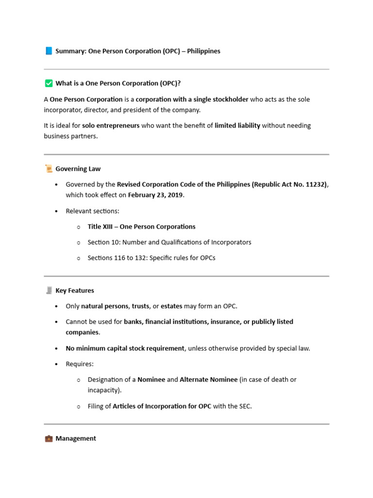 Summary of One Person Corproation | PDF | Taxes | Corporations