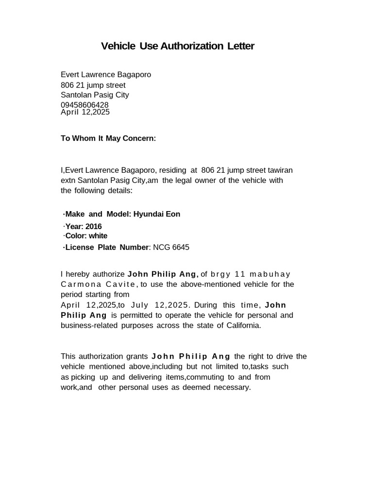 Authorization Letter For Car Rental | PDF