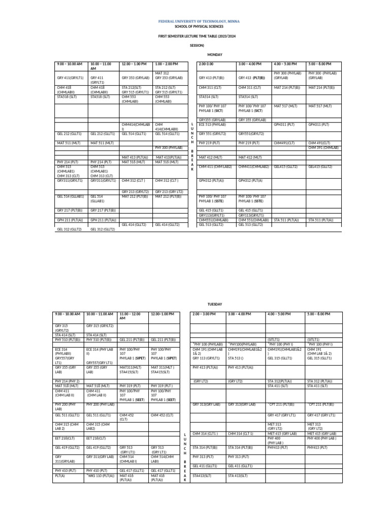 TENTATIVE SPS FIRST SEMESTER LECTURE TIME TABLE FOR 2023-2024 (2) | PDF | Natural Sciences ...