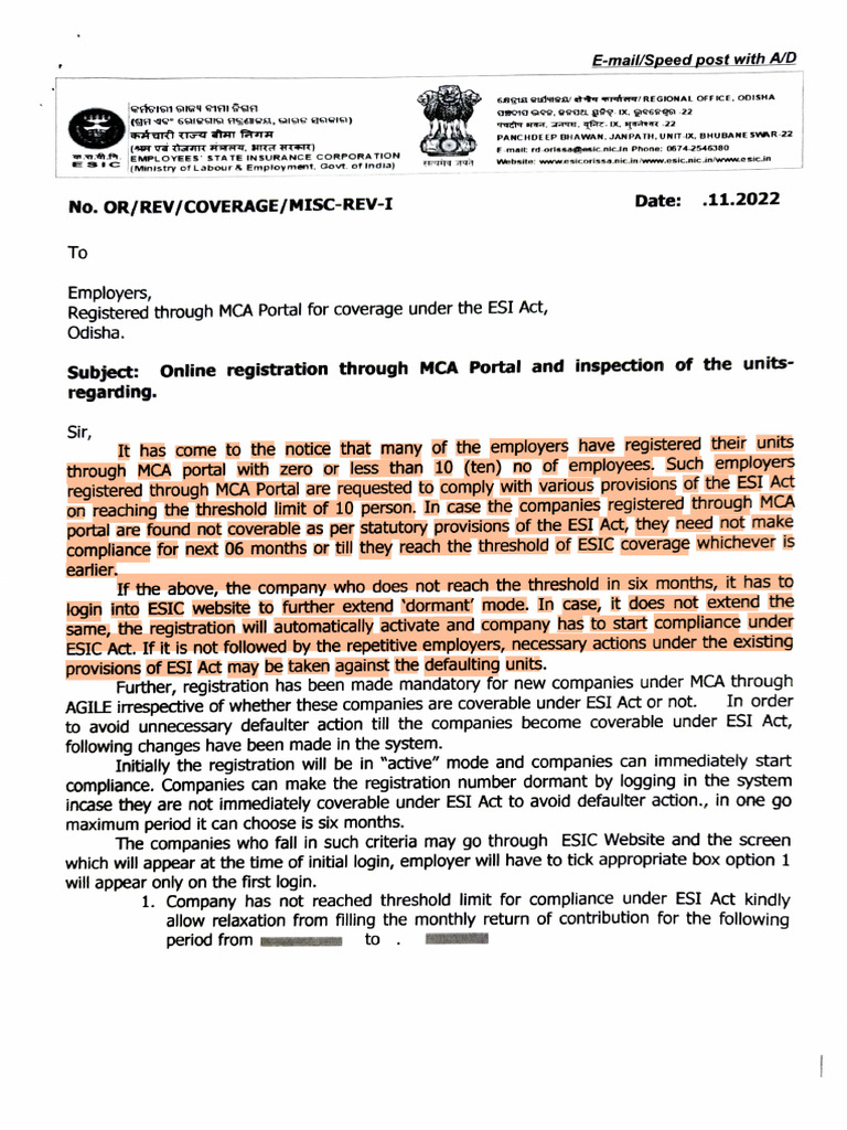 ESIC Circular - Reg Through MCA - 2022 | PDF | Social Programs | Welfare State