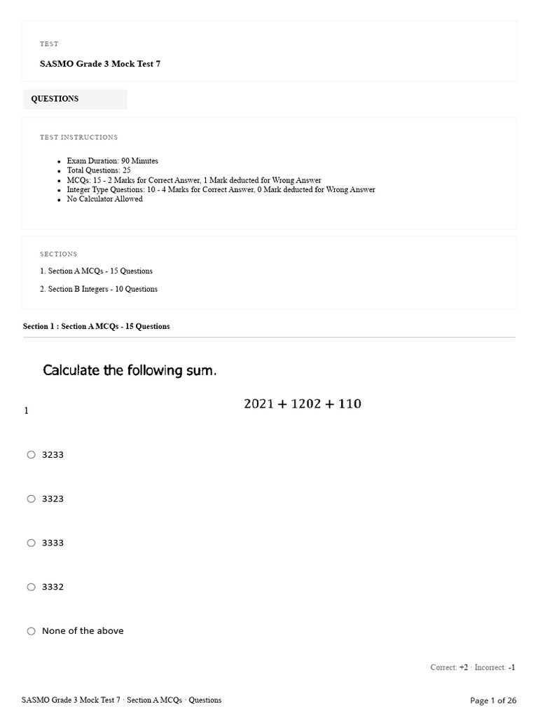 SASMO Grade 3 Mock Test 7 Questions | PDF | Multiple Choice | Evaluation