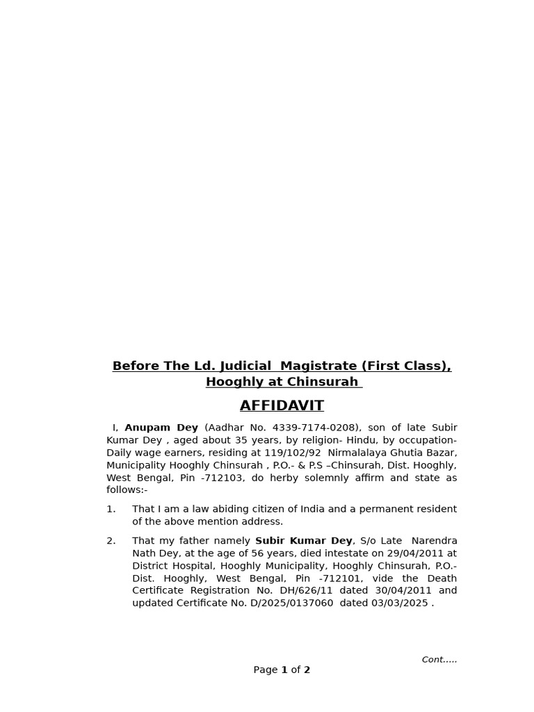 Legal Heir Affidavit of Subir Kumar Dey | PDF | Justice | Crime & Violence