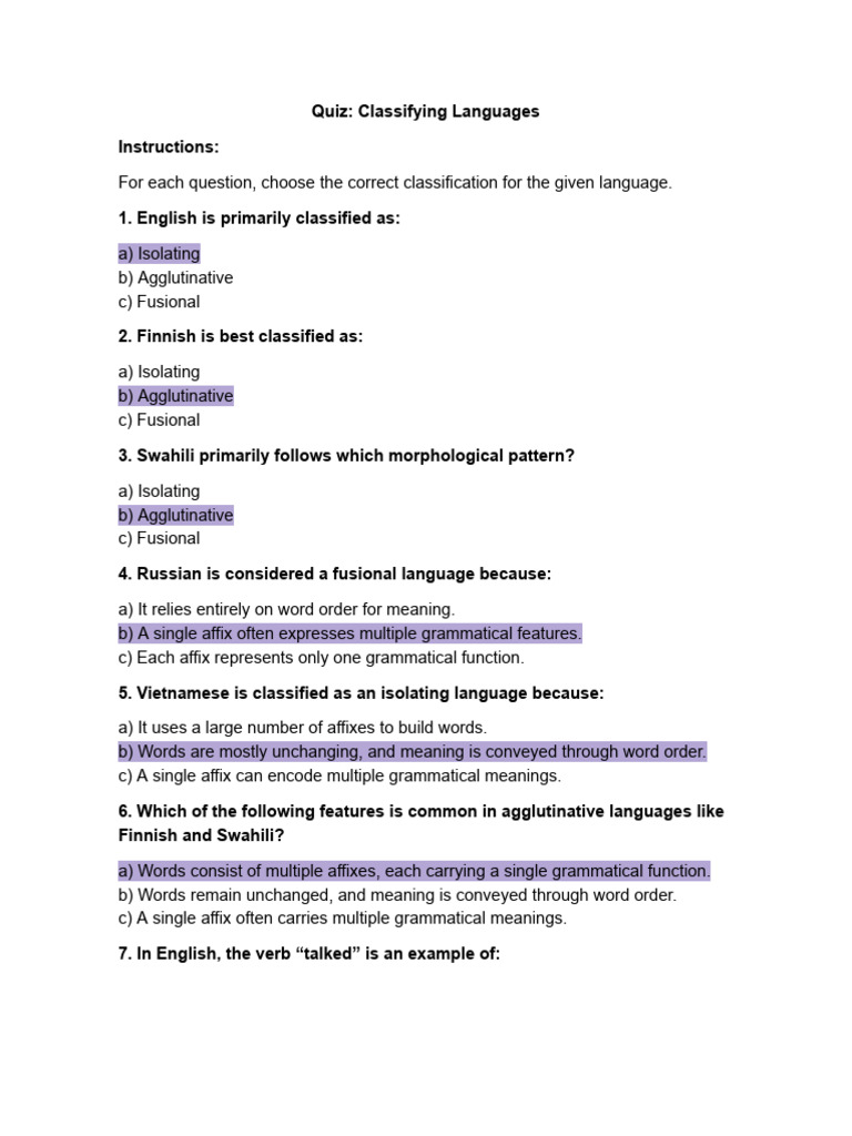Quizz Isolating, Agglutinative, and Fusional Languages | PDF