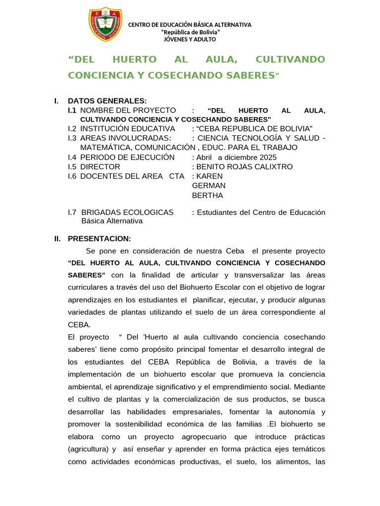 Biohuerto Escolar 2025 Ceba Republica de Bolivia | PDF ...
