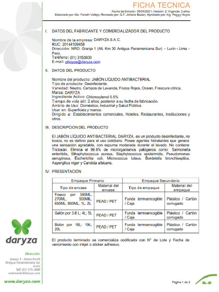 Ficha Tecnica Jabon Liquido Daryza | PDF