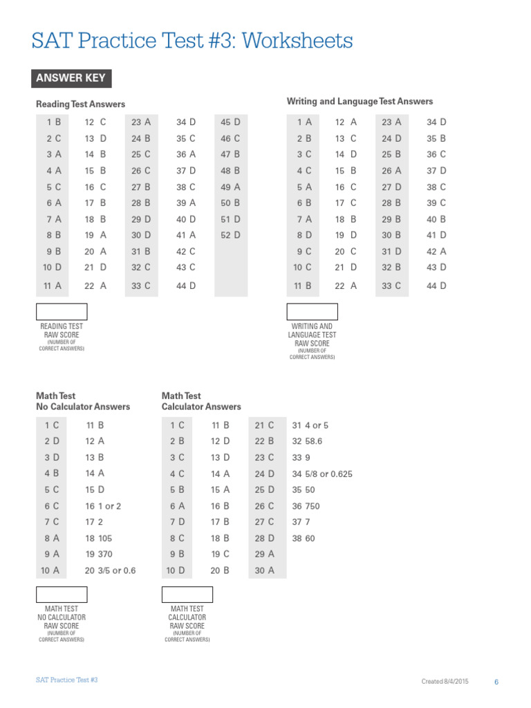 Sat Answer Key For Practice Test 3 | PDF | Standardized Tests | Tests