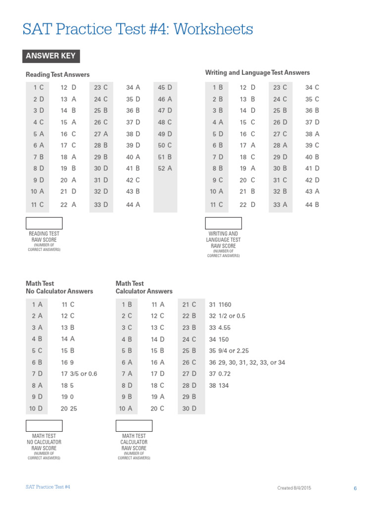 Sat Answer Key For Practice Test 4 | PDF | Standardized Tests | Tests