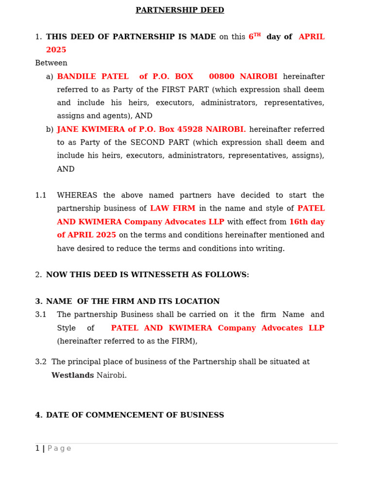 Partnership Deed Draft 1 | PDF | Partnership | Banks