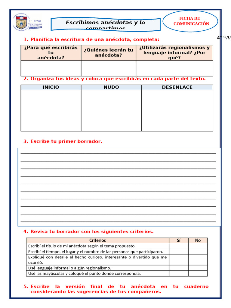 COMUNICACION Escribimos anécdotas y lo compartimos | PDF | Aprendizaje | Escritura