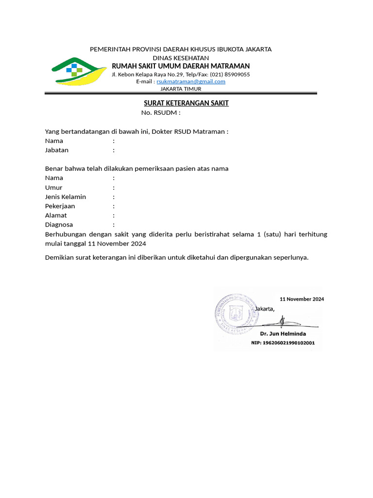 Surat Keterangan Sakit RSUD Matraman | PDF