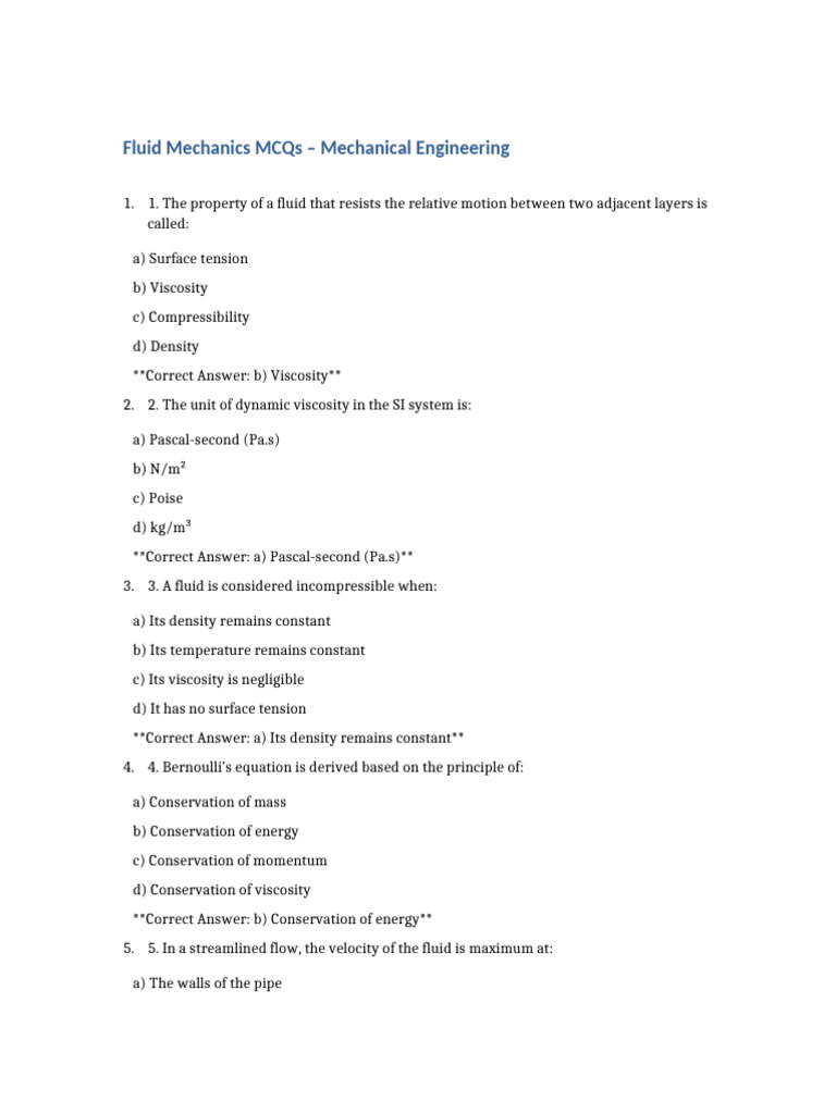 Fluid Mechanics 300 MCQs Cleaned | PDF | Fluid Dynamics | Viscosity