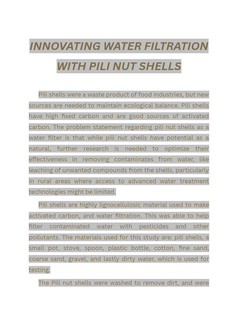 Innovating Water Filteration With Pili Nut Shells | PDF