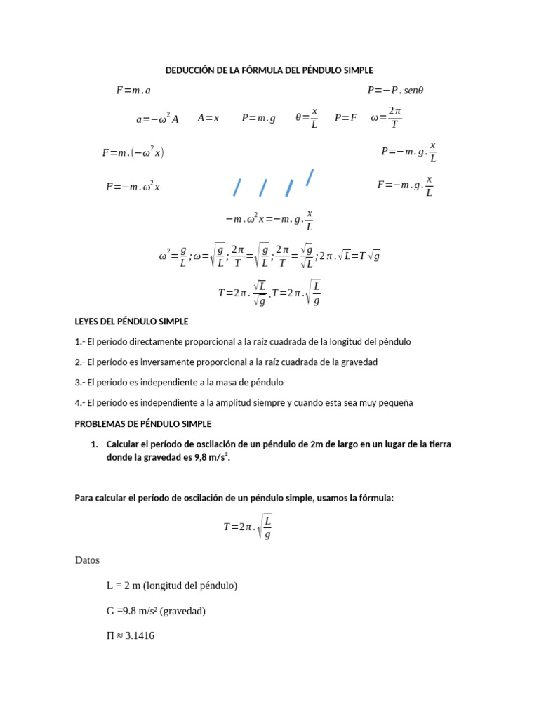 Deducción de La Fórmula Del Péndulo Simple | PDF | Péndulo | Cinemática