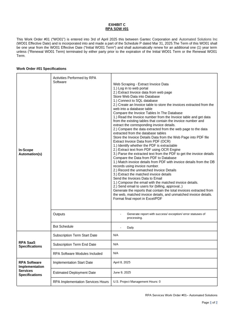 RPA Work Order #01 for Invoice Automation | PDF | Software As A Service ...