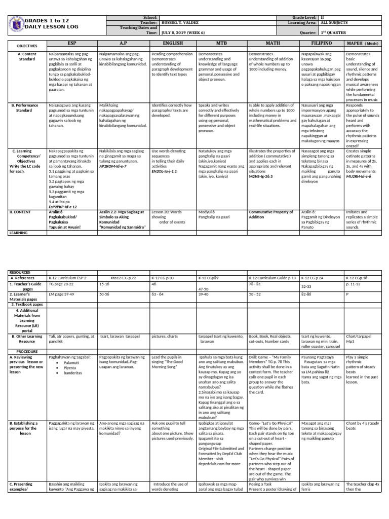 DLL All Subjects 2 q1 w6 d1 | PDF