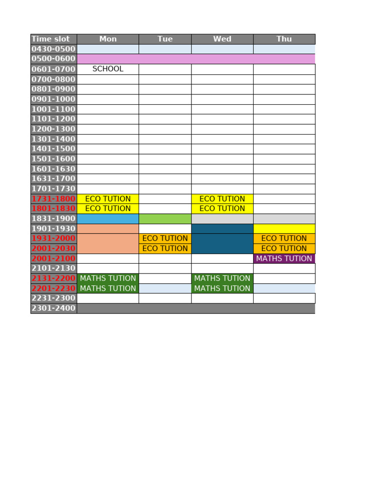 Weekly Tutoring Schedule Overview | PDF