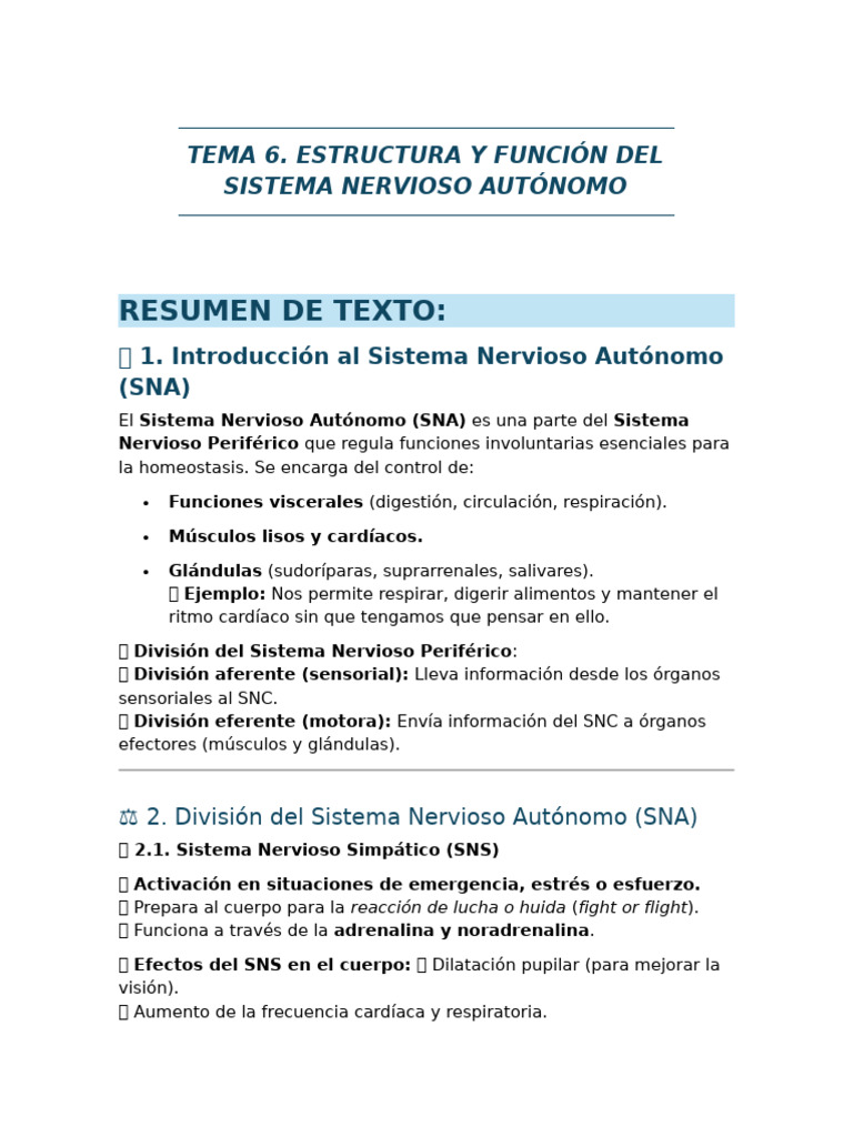 TEMA 6. Estructura y Función Del Sistema Nervioso Autónomo | PDF | Estrés (biología) | Las emociones