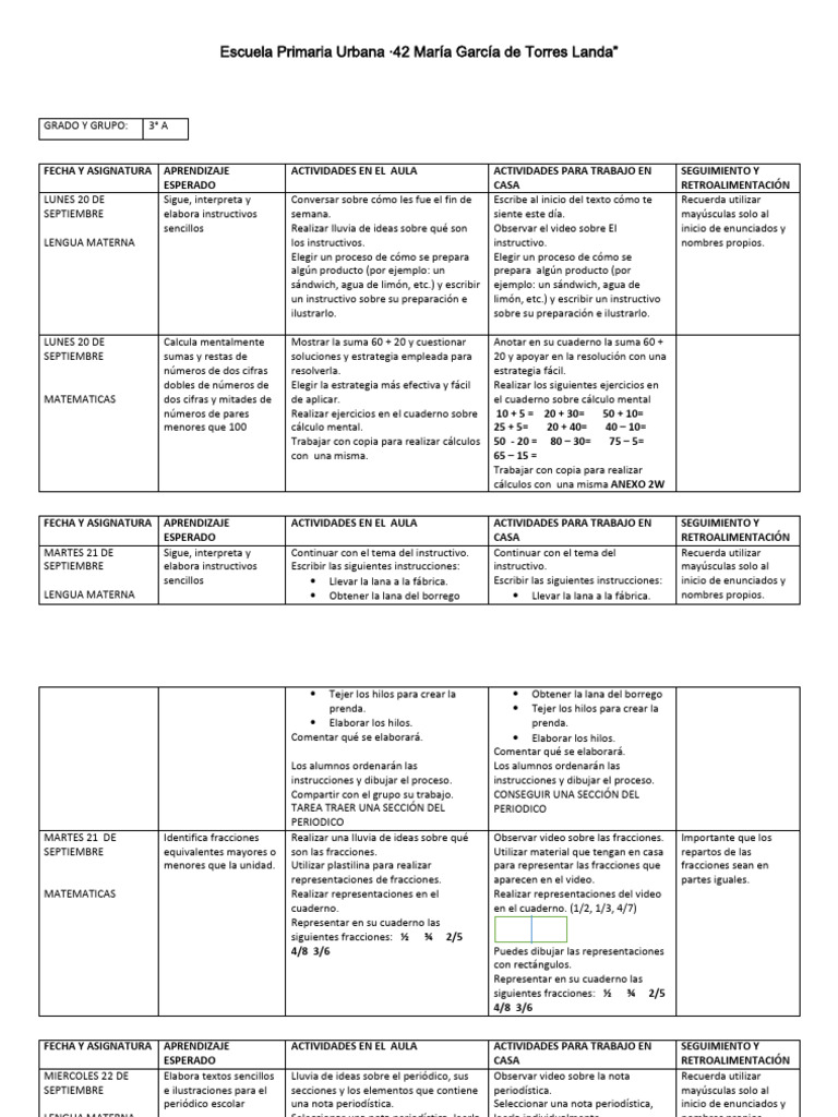 Tareas Septiembre 3A | PDF