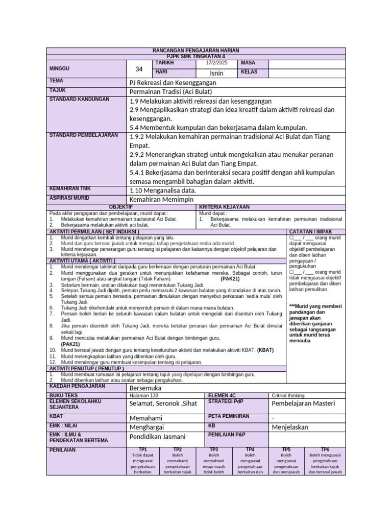 RPH Minggu 34 PJPK SMK Tingkatan 4 2025 by Cikgu Gorgeous | PDF