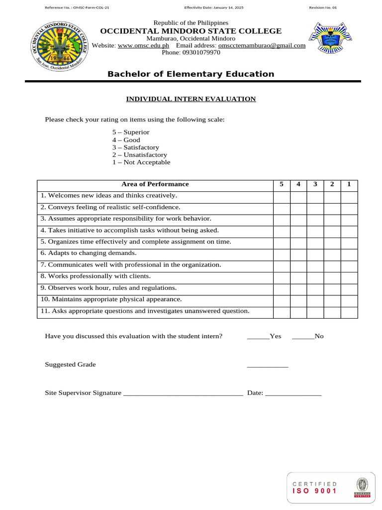 Bachelor of Education Intern Evaluation Form | PDF