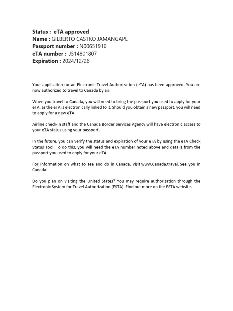 eTA Approval for Travel to Canada | PDF