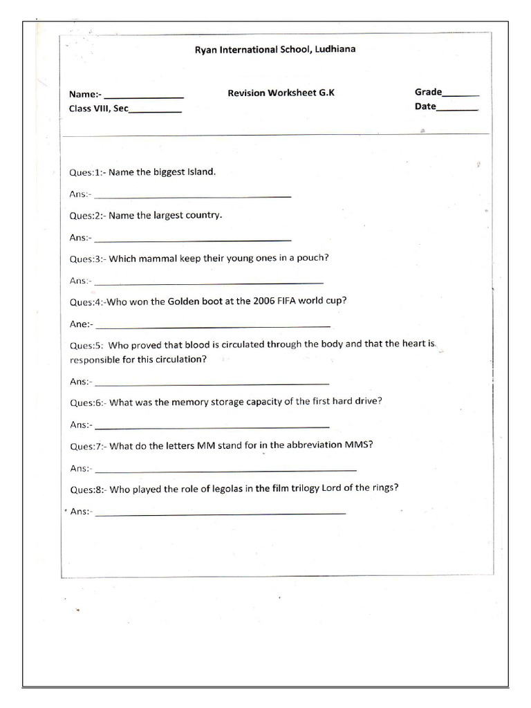 CBSE Class 8 General Knowledge Worksheet (1) | PDF