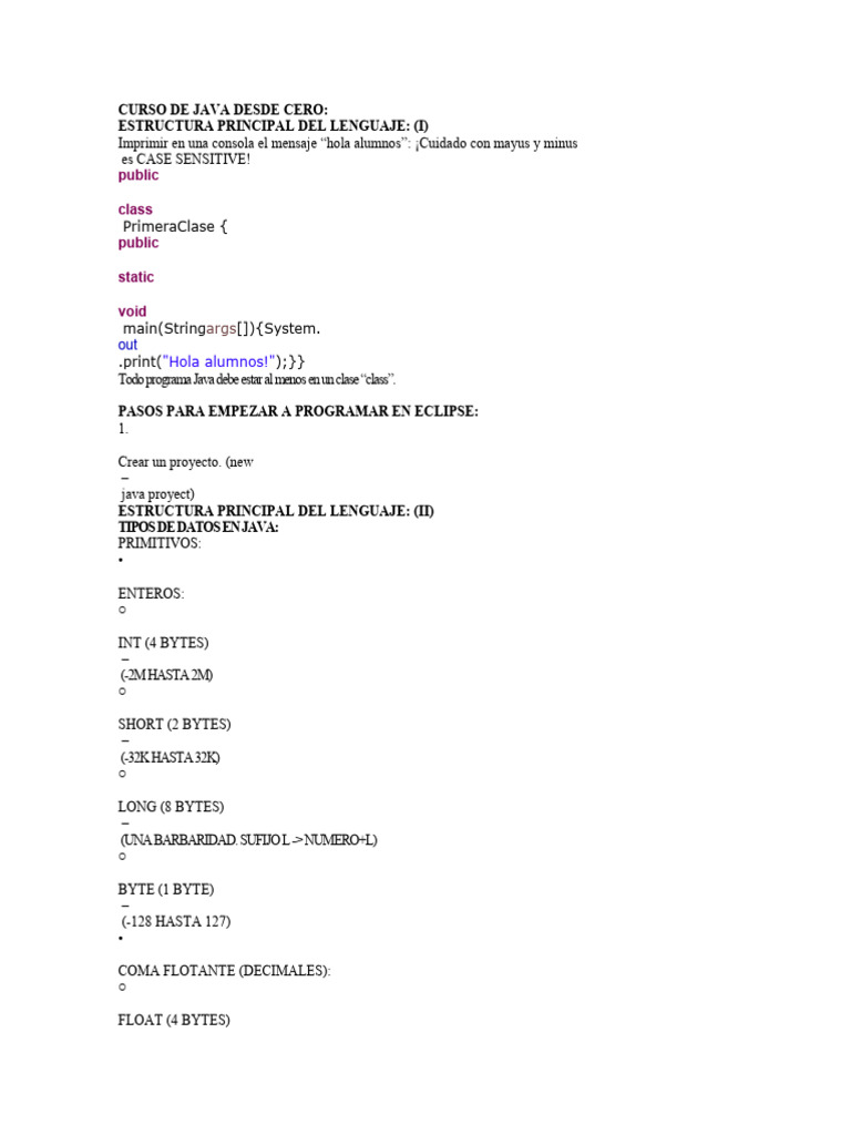 Curso de Java | PDF | Java (lenguaje de programación) | Lenguaje de programación