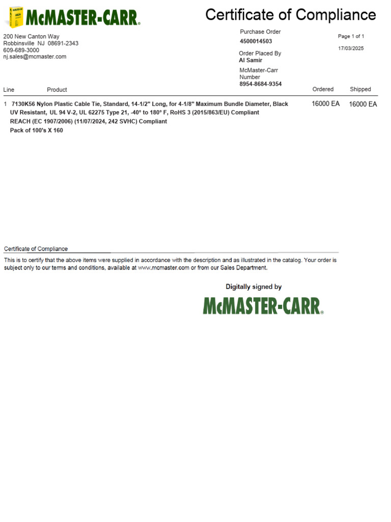 CERTIFICATE OF CONFORMITY - 7130K56 - UV Resistant Cable Tie - MC MASTER CARR | PDF