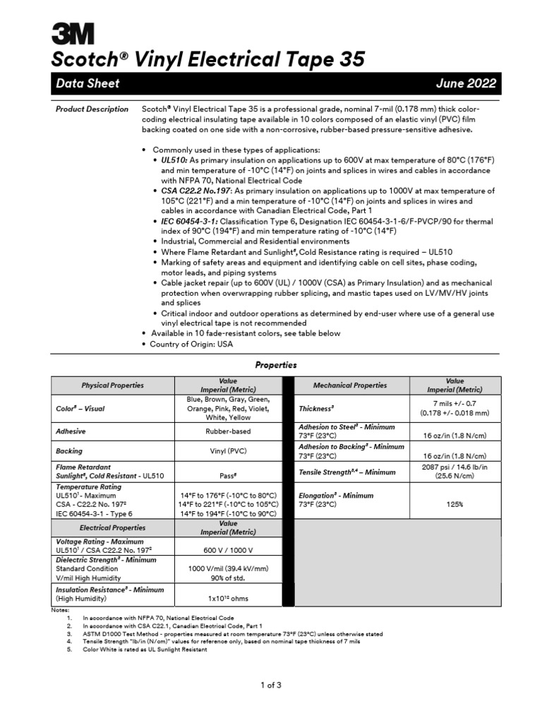 Scotch Vinyl Electrical Tape 35 Data Sheet 78 8124 4858 3 K | PDF ...
