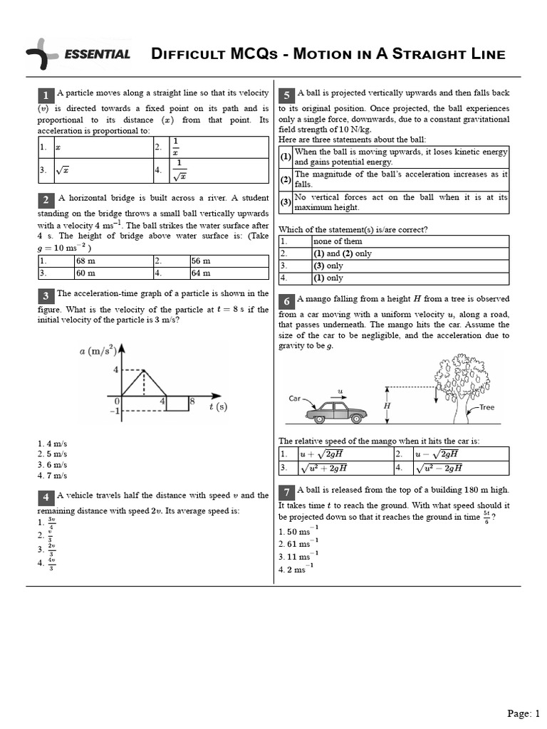 Difficult MCQs - Motion in A Straight Line | PDF | Acceleration | Force