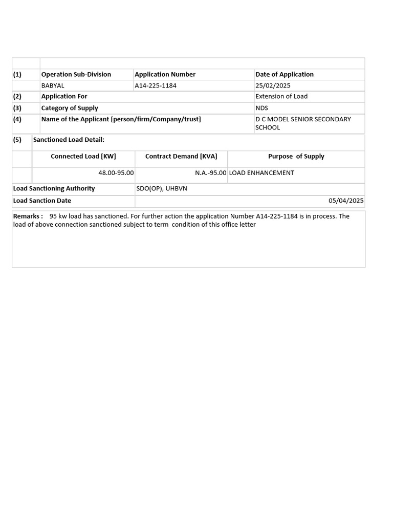 Sanction Letter For Electricity Load Enhancement | PDF