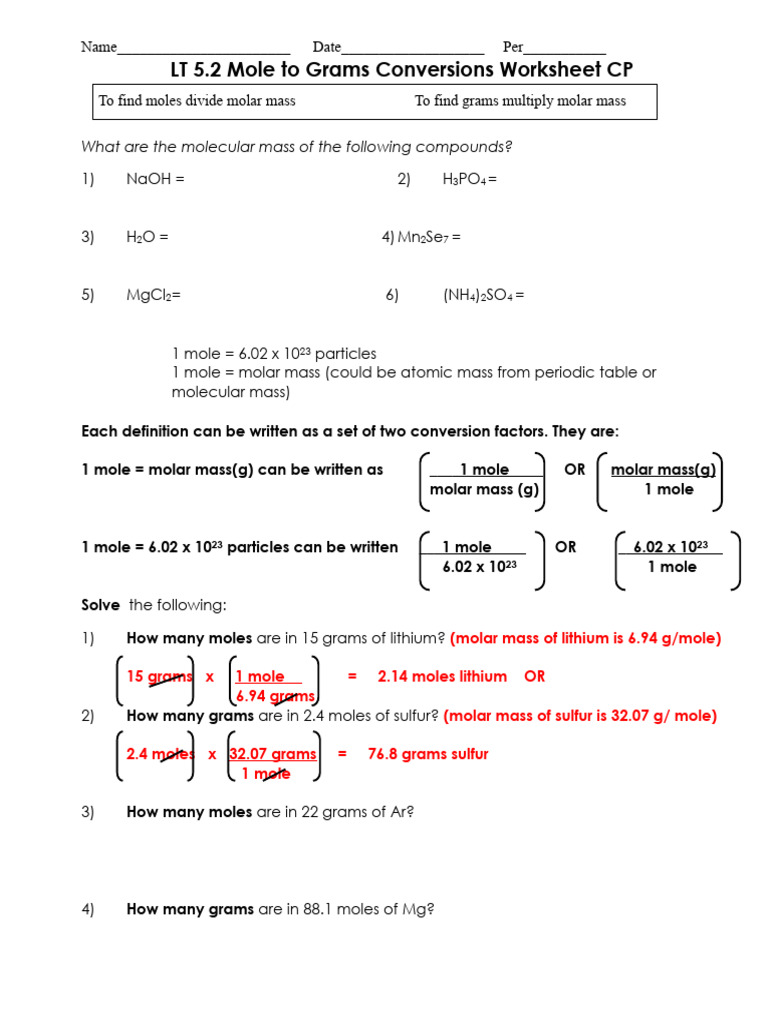 1.moles to grams ws review | PDF | Hydroxide | Mole (Unit)