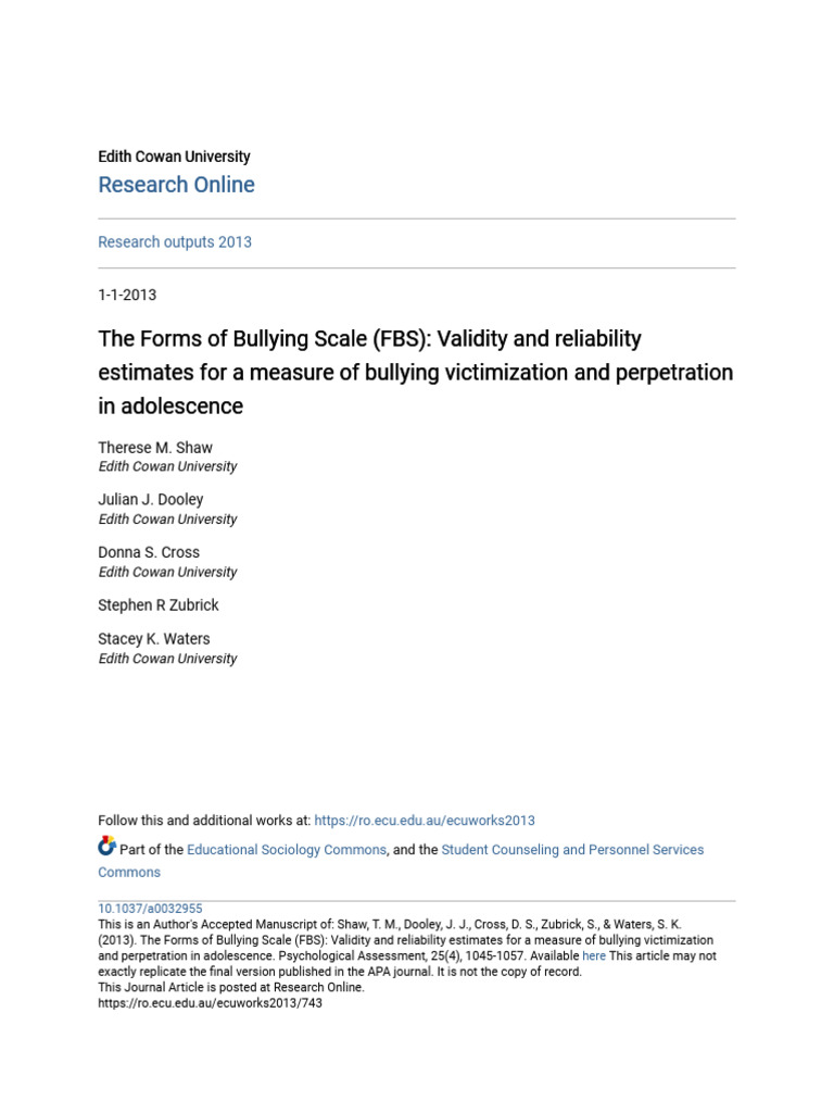 Validity and Reliability of Bullying Scale | PDF