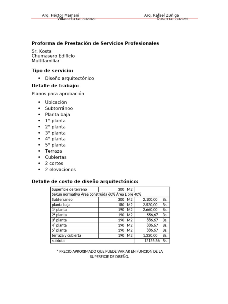 Proforma de Prestación de Servicios Profesionales: Sr. Kosta Chumasero Edificio Multifamiliar | PDF