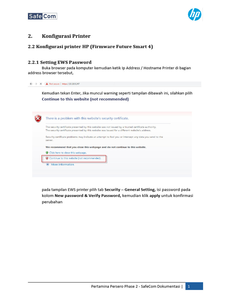 Konfigurasi EWS Printer HP Pertamina | PDF