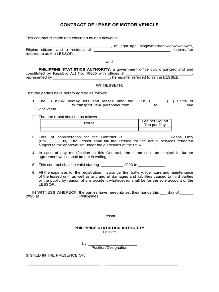 Motor Vehicle Lease Agreement Template | PDF | Lease | Common Law