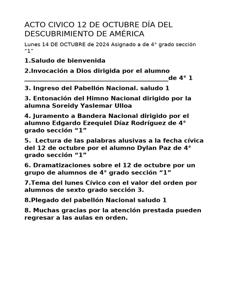 Acto Civico 12 de Octubre Día Del Descubrimiento de América 2024 | PDF