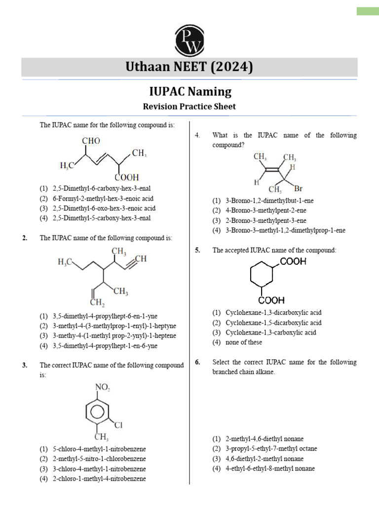 IUPAC Naming: Practice Sheet - Uthaan NEET 2024 | PDF | Methyl Group ...