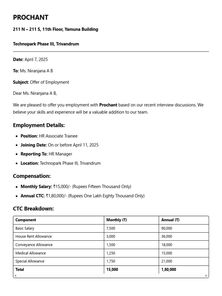 Final Job Offer Letter - Prochant | PDF