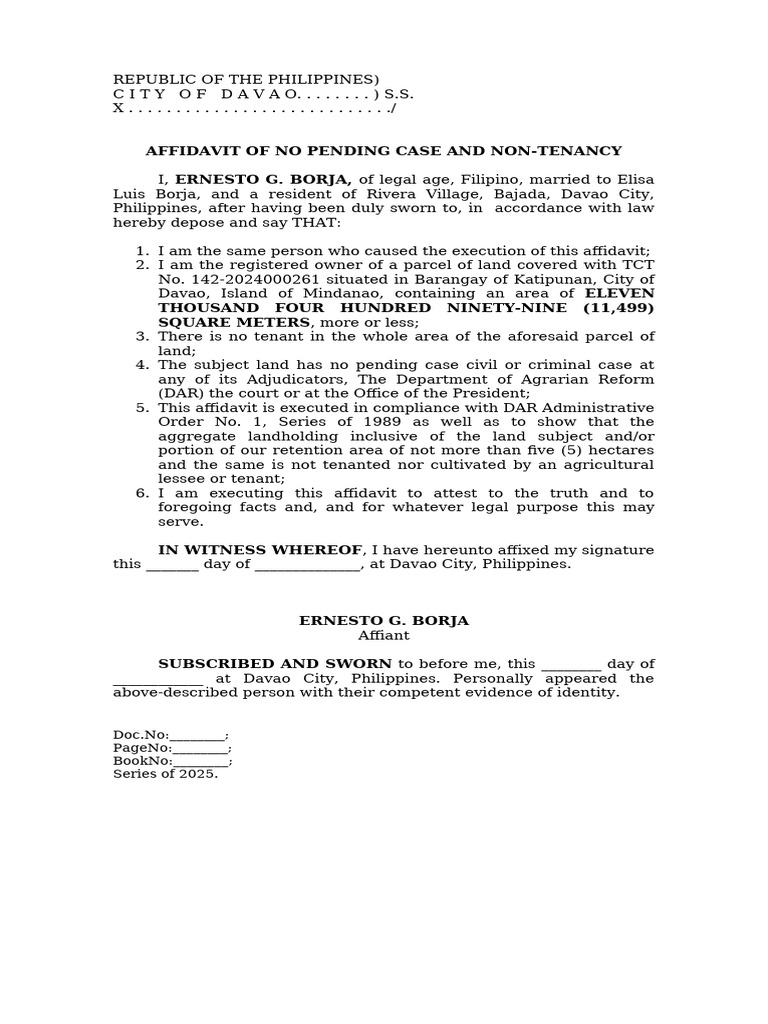 AFFIDAVIT OF Non Tenancy No Pending Case | PDF