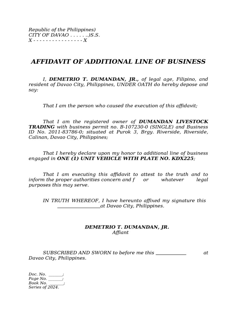 Affidavit of Additional Business Lines | PDF | Affidavit | Legal Procedure