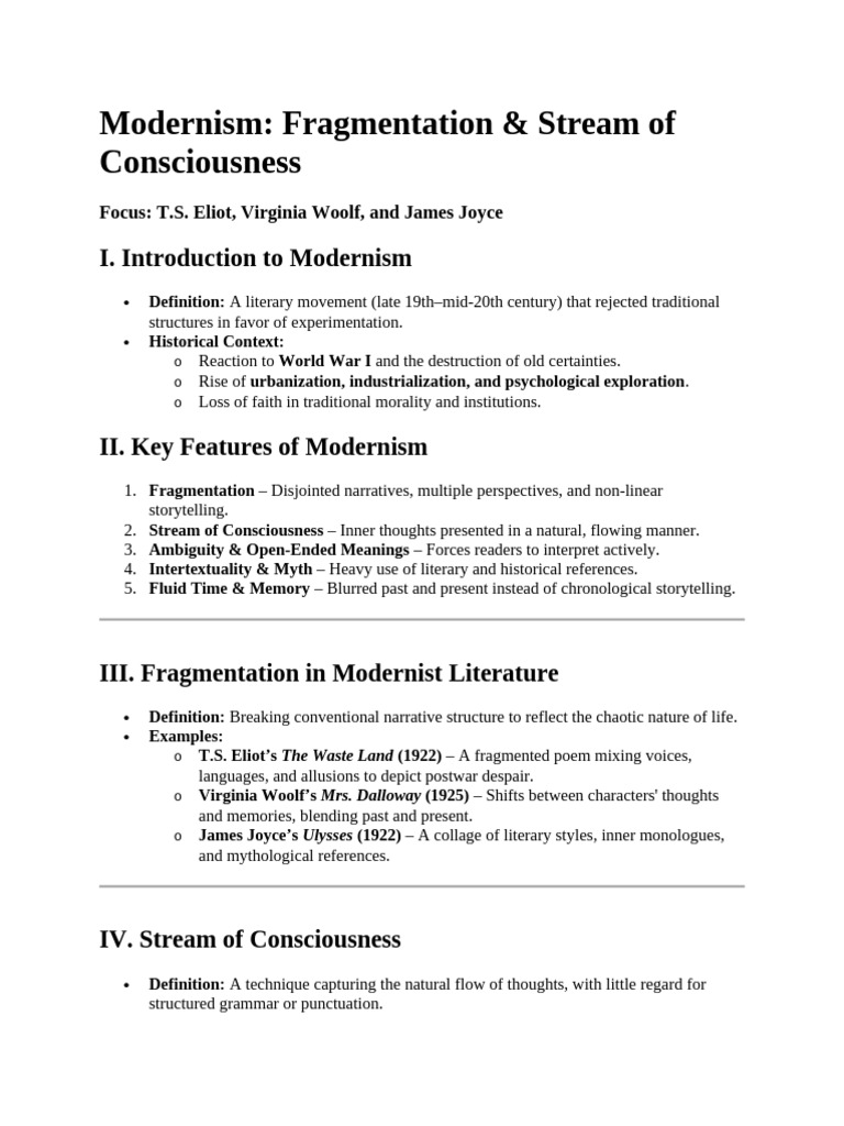 Modernism: Fragmentation & Consciousness | PDF | Mrs Dalloway ...