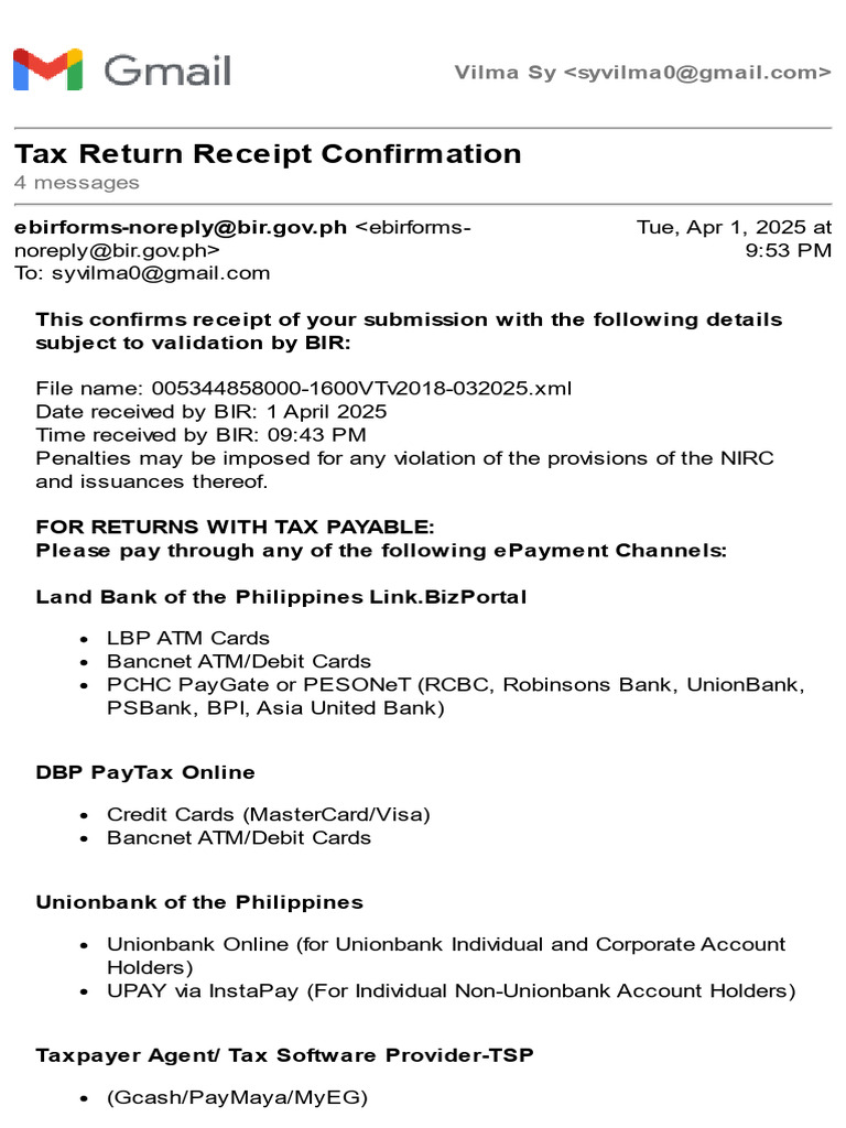 Tax Return Receipt Confirmation Emails | PDF | Debit Card | Receipt