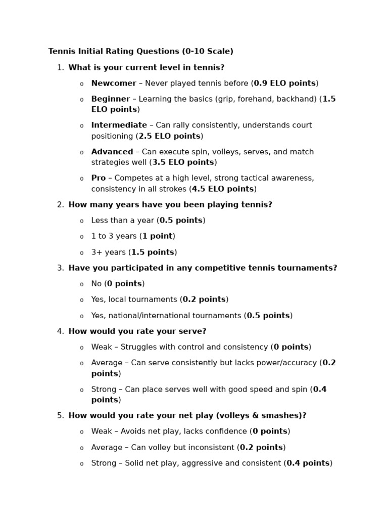 Tennis Questions and Answers For Initial Rating | PDF