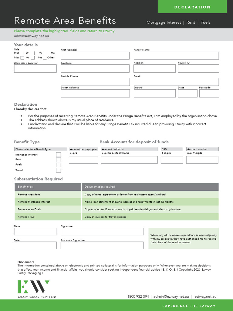 Eziway Remote Area Benefits Declaration Form 2025 | PDF | Mortgages ...